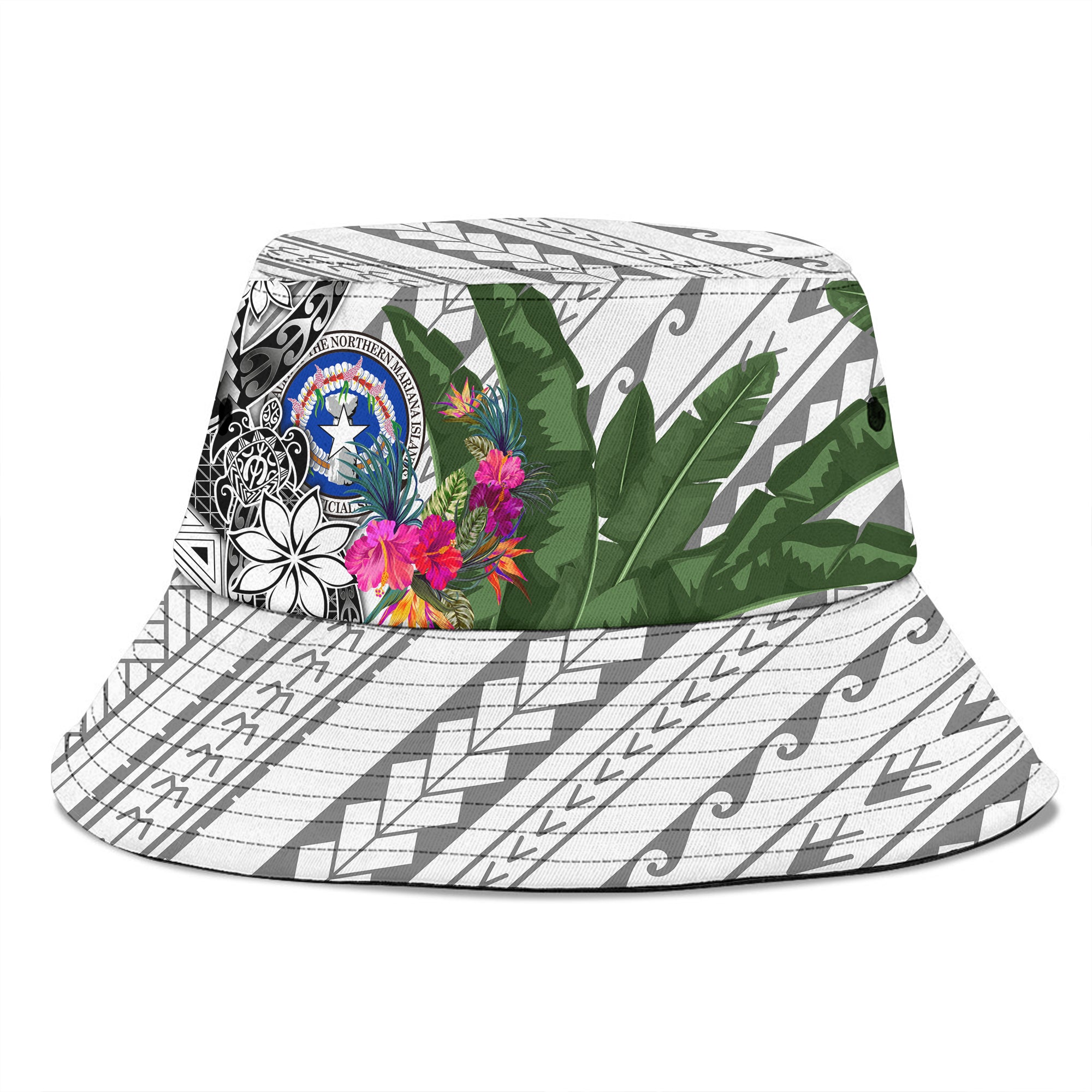 Northern Mariana Islands Bucket Hat - White Turtle Plumeria Banana Leaf LT7