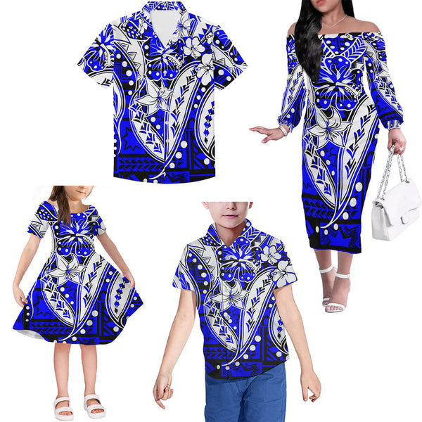 Blue Matching Outfits For Family Polynesian Tribal Hawaii Pattern Off ...