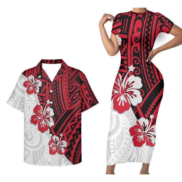 Hawaii Matching Outfit For Couples Red Hibiscus Polynesian Tribal ...