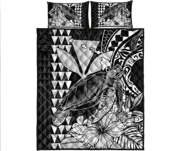 Hawaii Sea Turtle Quilt Bed Set Polynesia Kakau with Kanaka Maoli Black LT9