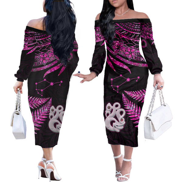 Matariki New Zealand Long Sleeve Dress Manaia with Paua Shell - Pink LT9