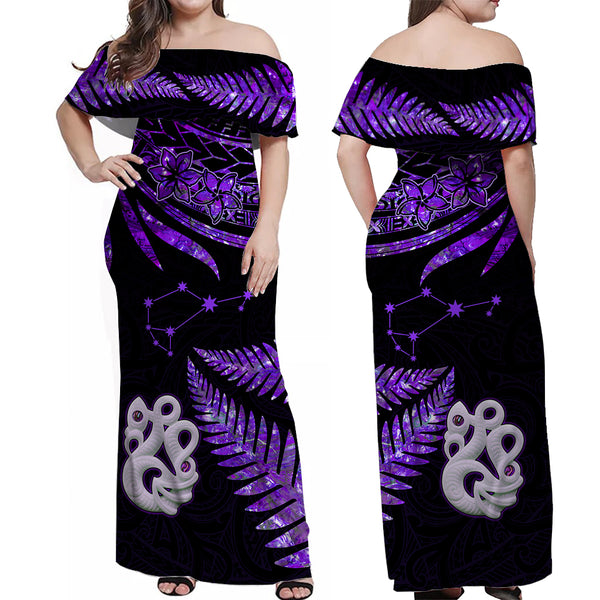 Matariki New Zealand Off Shoulder Long Dress Manaia with Paua Shell ...
