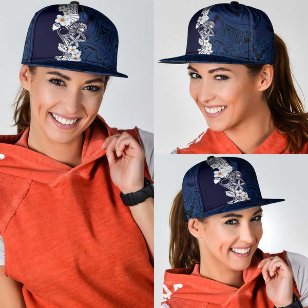 Blue Samoa Tattoo Snapback Cap Plumeria Samoan Ocean Tatau Pattern LT14