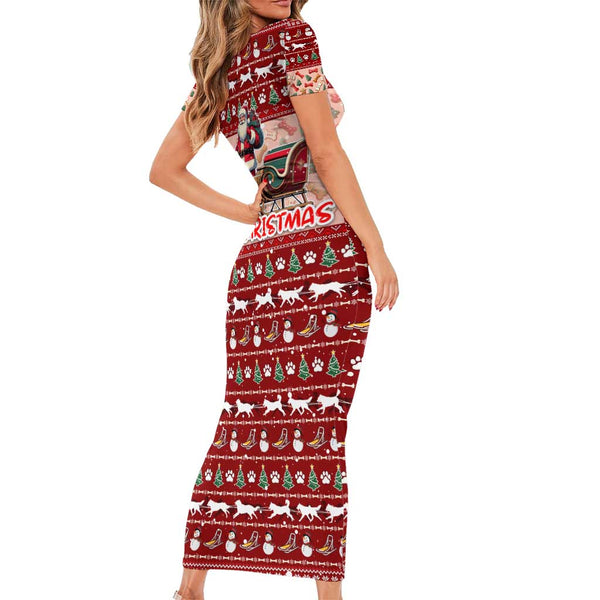 Dog Sled Christmas Short Sleeve Bodycon Dress Husky Sleigh Ride Design DT02