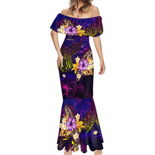 Cook Islands Mermaid Dress Whale Hibiscus Polynesian DT02