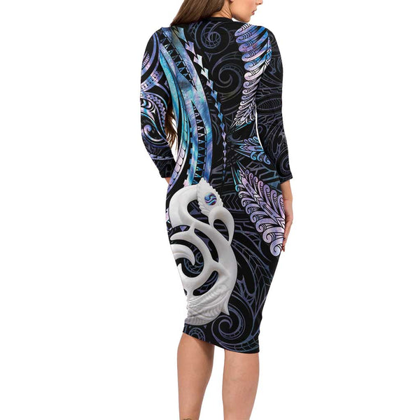 New Zealand Aotearoa Long Sleeve Bodycon Dress Maori Hei Manaia Purple ...