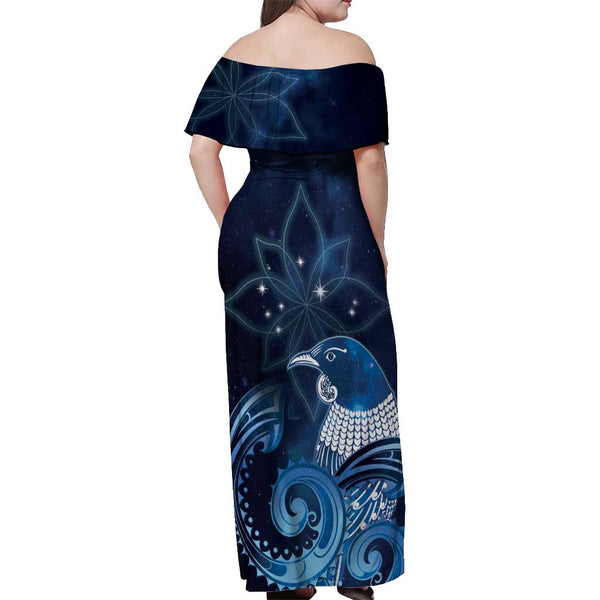 New Zealand Matariki Off Shoulder Maxi Dress Maori Tui Bird Blue Galaxy ...