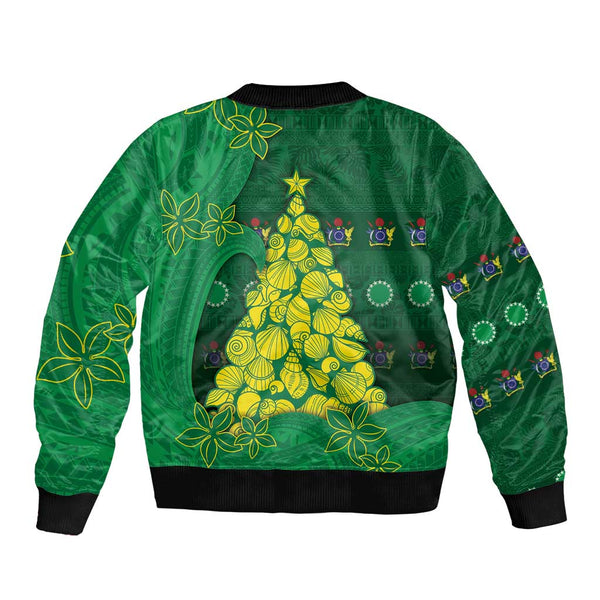 Cook Islands Christmas Bomber Jacket Seashell Xmas Tree Tribal Waves DT05