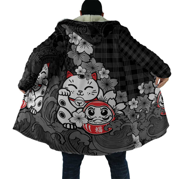 Black Palaka Hawaiian And Japanese Cloak Maneki Neko And Sakura Bloom DT05