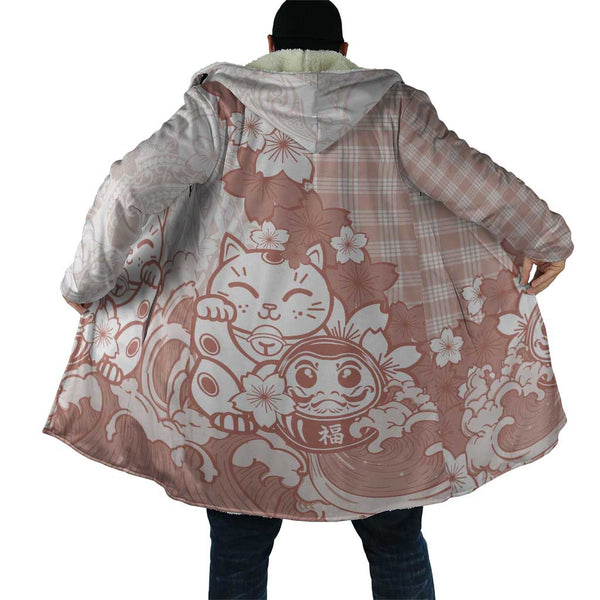 Beige Palaka Hawaiian And Japanese Cloak Maneki Neko And Sakura Bloom DT05