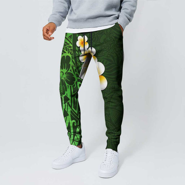Green Polynesia Jogger Pants Plumeria Tropical Leaves With Galaxy ...