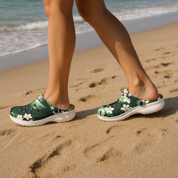 Green Tropical Hawaii Clogs Shoes Seamless Monstera Plumeria Hawaiian ...