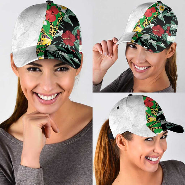 Hawaiian Tropical Flowers and Leaves Classic Cap Leopard Pattern Half ...