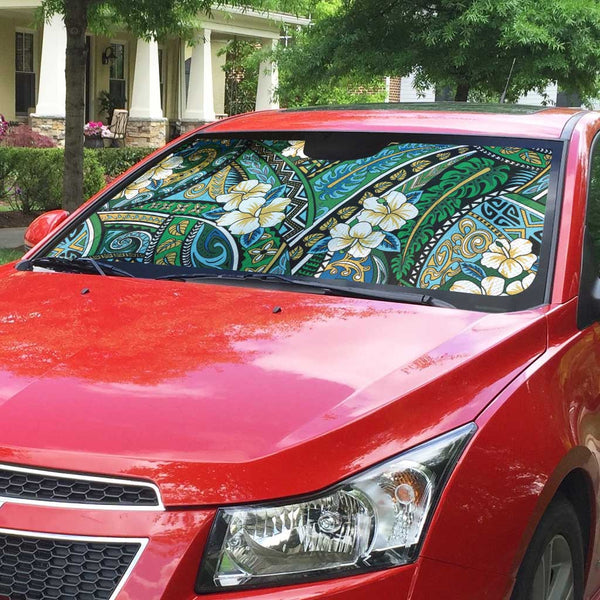 Polynesian Hibiscus Tropical Green Floral Auto Sun Shade Tribal Pattern ...