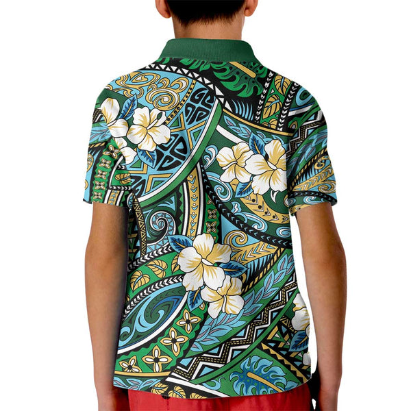 Polynesian Hibiscus Tropical Green Floral Kid Polo Shirt Tribal Pattern ...