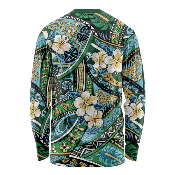 Polynesian Hibiscus Tropical Green Floral Long Sleeve Shirt Tribal ...