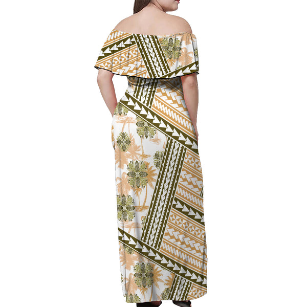 Hawaii Quilt Off Shoulder Maxi Dress Kakau Polynesian Pattern Gold ...