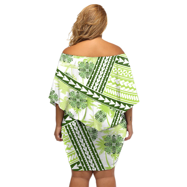 Hawaii Quilt Off Shoulder Short Dress Kakau Polynesian Pattern Olive ...