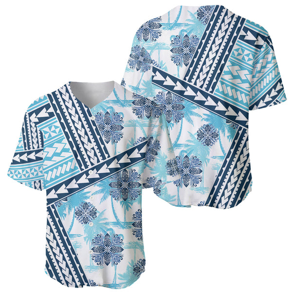 Hawaii Quilt Baseball Jersey Kakau Polynesian Pattern Sky Blue Version LT01