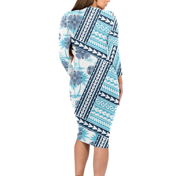 Hawaii Quilt Long Sleeve Bodycon Dress Kakau Polynesian Pattern Sky ...