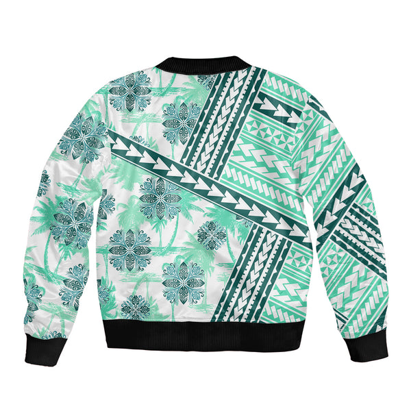 Hawaii Quilt Sleeve Zip Bomber Jacket Kakau Polynesian Pattern Teal ...