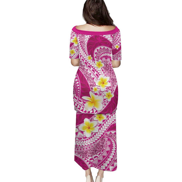 Plumeria Polynesian Pink Glitter Pattern Puletasi LT01
