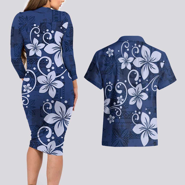 Plumeria Floral Tapa Pattern Navy Blue Couples Matching Long Sleeve ...