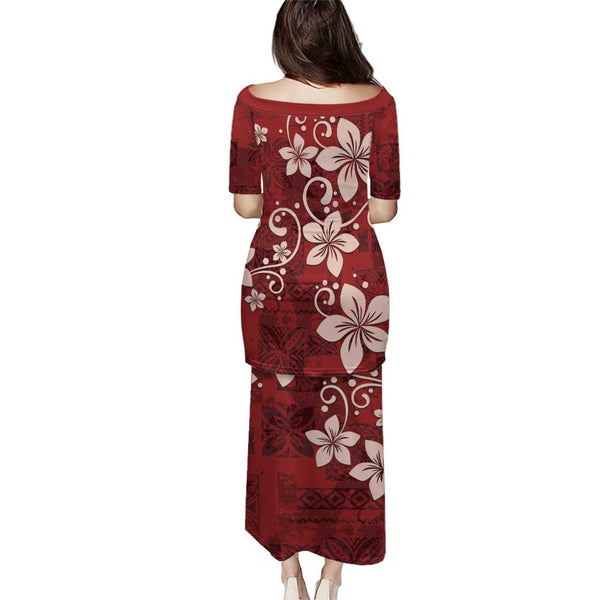 Plumeria Floral Tapa Pattern Oxblood Red Puletasi LT01