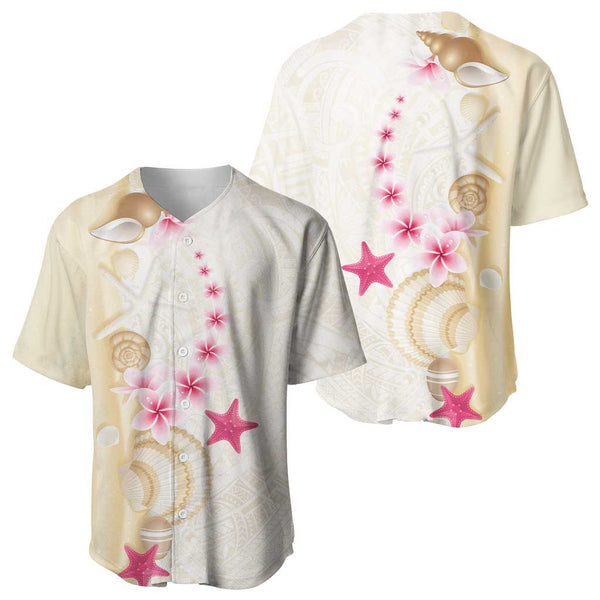 Beige Frangipani Sea Shell Baseball Jersey Starfish Polynesian Pattern LT01