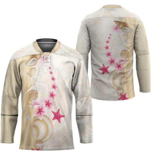 Beige Frangipani Sea Shell Hockey Jersey Starfish Polynesian Pattern LT01