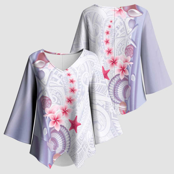 Purple Plumeria Sea Shell Kimono Sleeve Blouse Starfish Polynesian ...