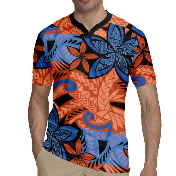 Plumeria Polynesian Pattern Rugby Jersey Unique Fantasy Orange Blue LT01