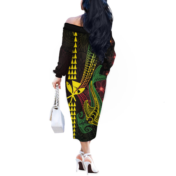 Hawaii Kakau Hammerhead Shark Off The Shoulder Long Sleeve Dress Neon ...