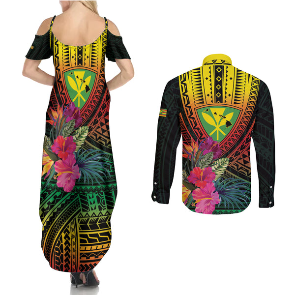 Hawaii Kanaka Maoli Flag Day Couples Matching Summer Maxi Dress and Long Sleeve Button Shirt ...