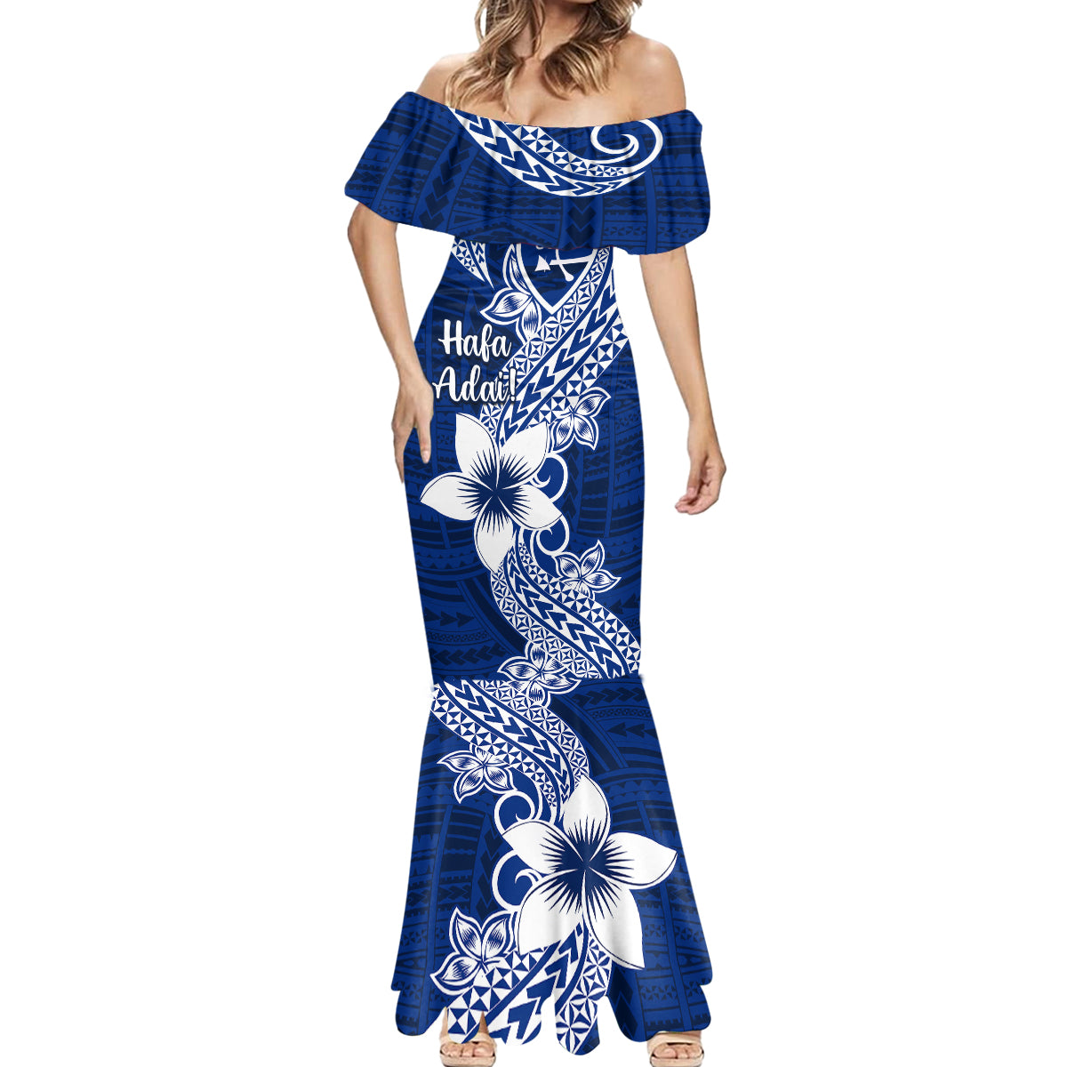 Hafa Adai Guam Mermaid Dress Polynesian Floral Blue Pattern LT01