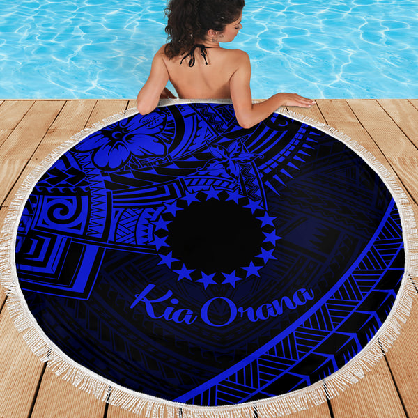 Kia Orana Cook Islands Beach Blanket Circle Stars With Floral Navy Blue ...