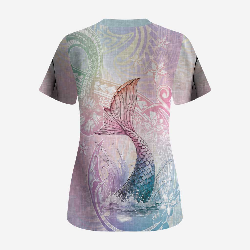 Hawaii Mermaid Sweet Pastel Scrub Top Polynesian Pattern Fish Hook LT01