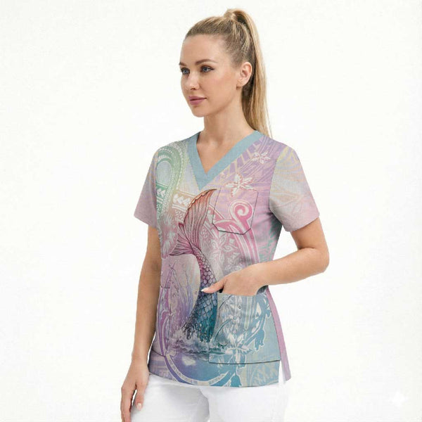 Hawaii Mermaid Sweet Pastel Scrub Top Polynesian Pattern Fish Hook LT01