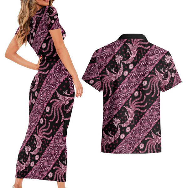 Indonesia Batik Pattern Couples Matching Short Sleeve Bodycon Dress and ...