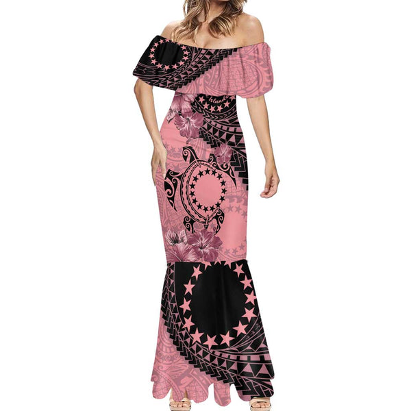 Cook Islands Turtle Mermaid Dress Stars and Hibiscus - Pink LT01