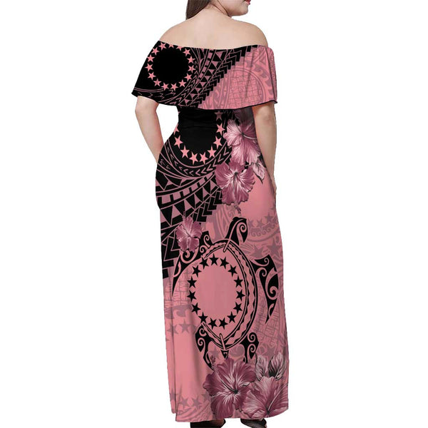 Cook Islands Turtle Off Shoulder Maxi Dress Stars and Hibiscus - Pink LT01