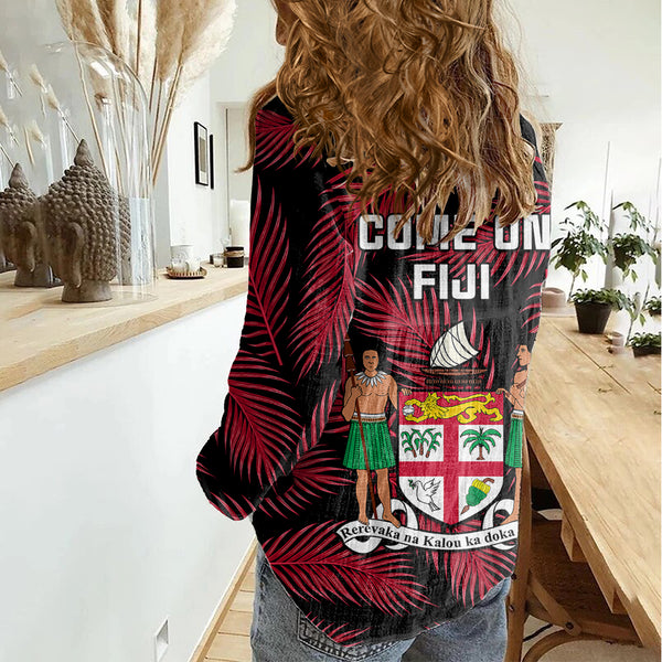 Fiji Rugby Women Casual Shirt Flying Fijians Red Palm Tree Version LT01