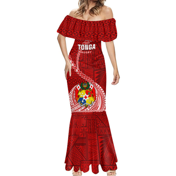 Custom Tonga Rugby Mermaid Dress Tongan Ngatu Pattern White Version LT01