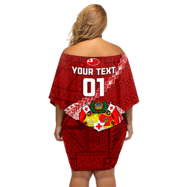 Custom Tonga Rugby Off Shoulder Short Dress Tongan Ngatu Pattern White ...