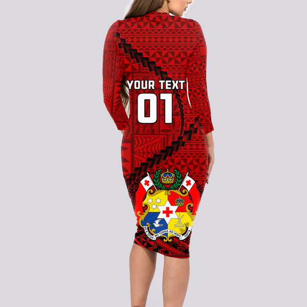 Custom Tonga Rugby Long Sleeve Bodycon Dress Tongan Ngatu Pattern Black ...