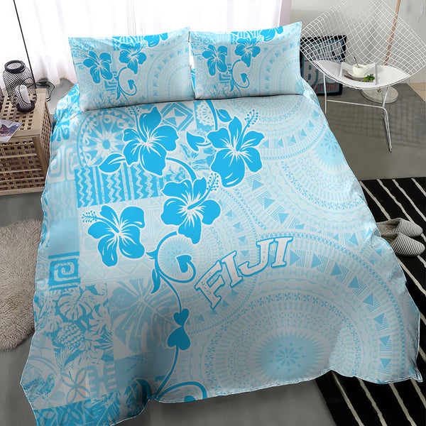 Fiji Masi With Hibiscus Tapa Tribal Bedding Set Sky Blue Pastel LT01
