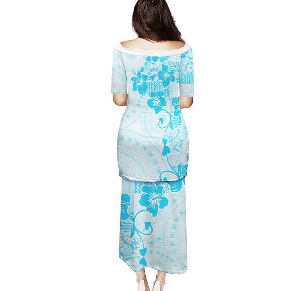 Fiji Masi With Hibiscus Tapa Tribal Puletasi Sky Blue Pastel LT01