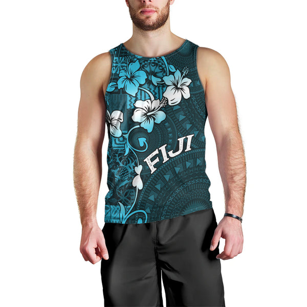 Fiji Masi Men Tank Top Fijian Hibiscus Tapa Sky Blue Version LT01