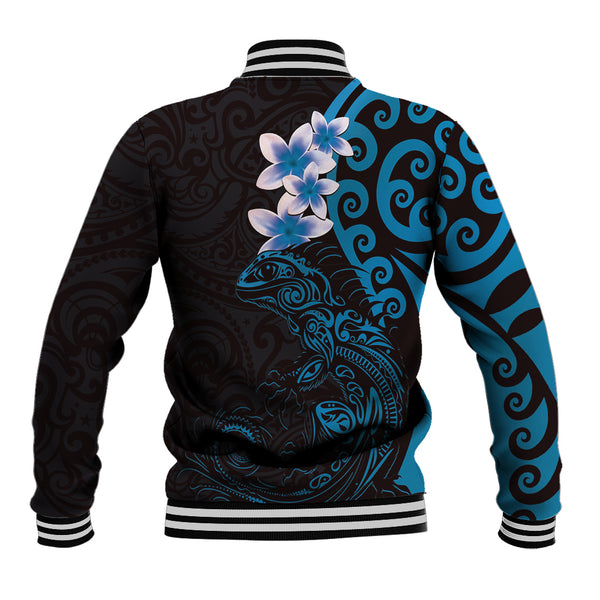 New Zealand Tuatara Plumeria Baseball Jacket Maori Blue Koru Tribal Tattoo LT01