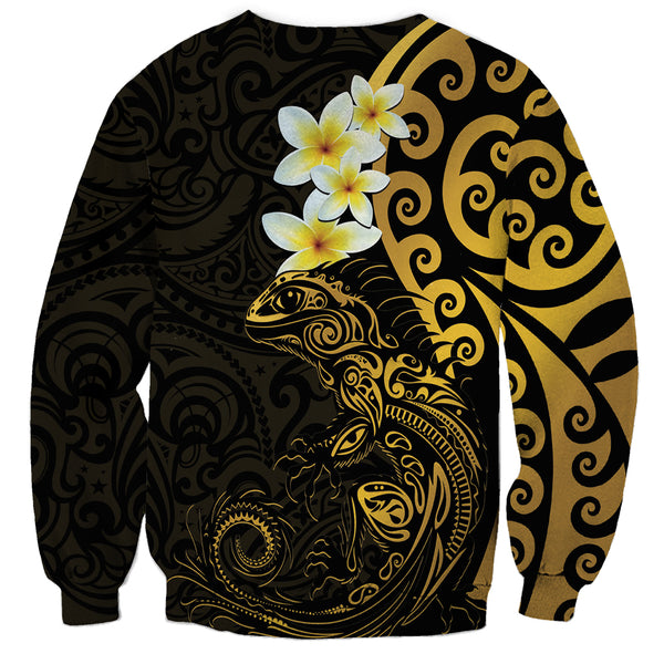 New Zealand Tuatara Plumeria Sweatshirt Maori Gold Koru Tribal Tattoo LT01